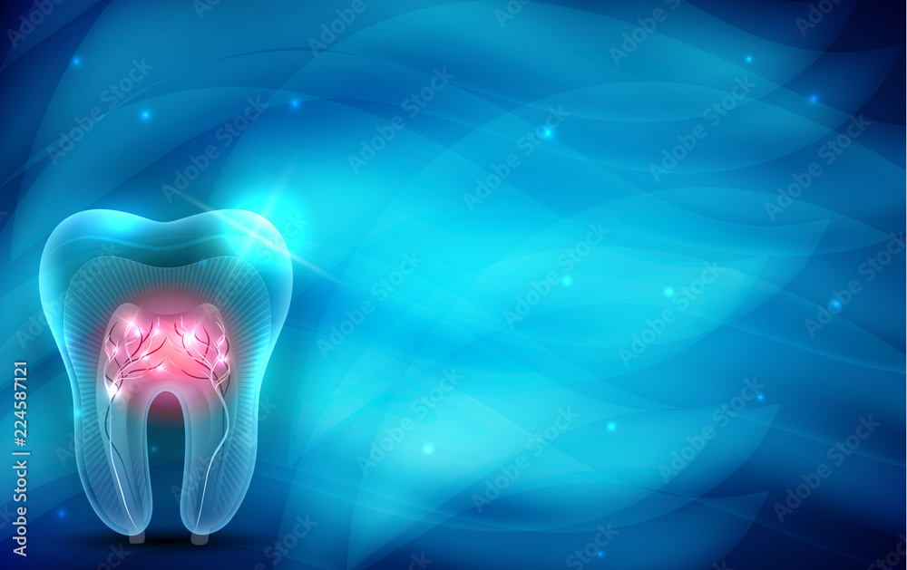 Beautiful transparent tooth with roots illustration, abstract blue ...