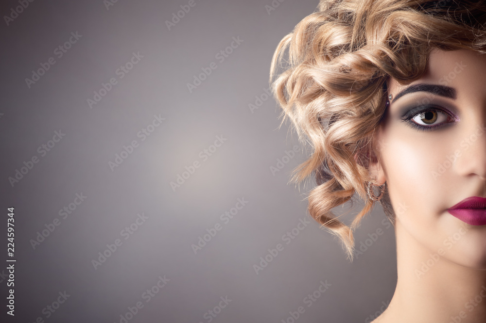 beautiful woman face portrait in retro style with bright makeup, half ...