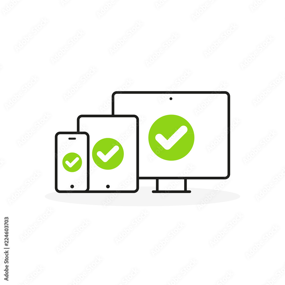 Device Icons: smartphone, tablet and desktop computer. Green checkmark ...