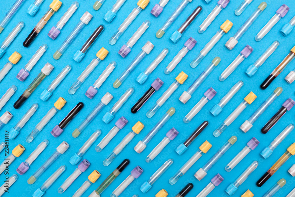 medicine test tubes blood for blue background 3d illustration. Flat lay ...