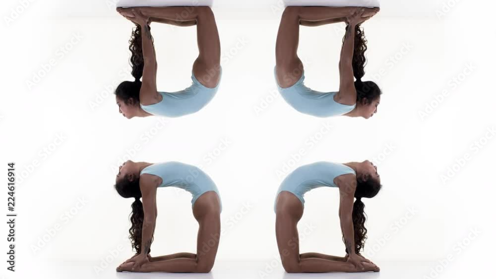 mirrored pattern of amazing female yoga instructor moving between poses ...