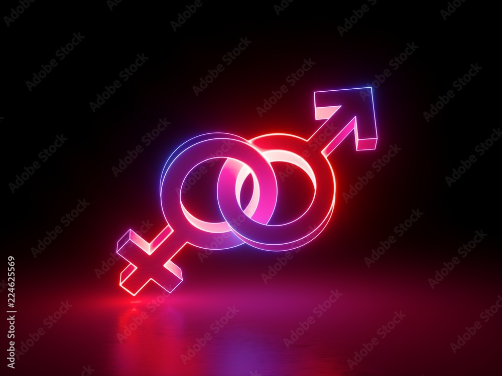 3d render, heterosexual couple, linked gender symbols, ultraviolet red ...