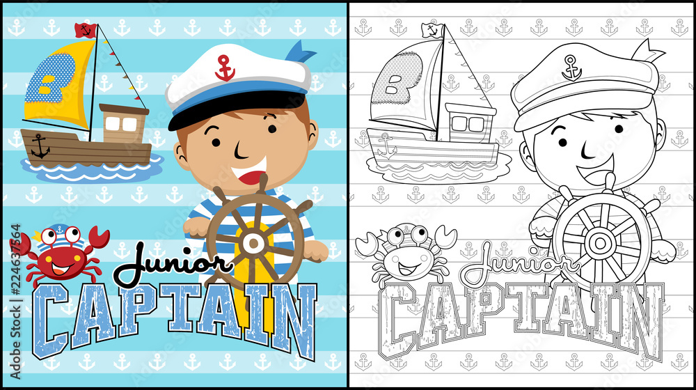 Little captain on sailboat steering wheel, coloring book or page ...