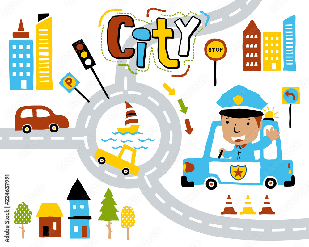 Vector of city life cartoon with funny traffic cop Stock Vector | Adobe ...