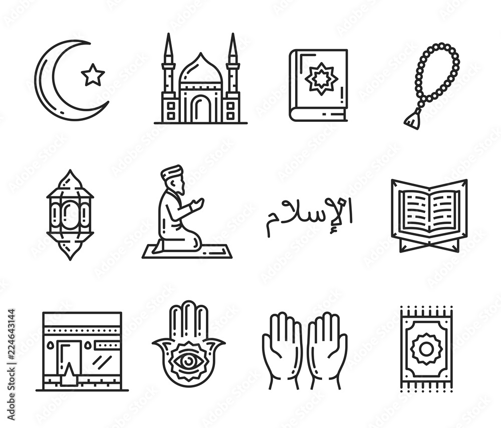 Muslim religion holy culture outline icons Stock Vector | Adobe Stock