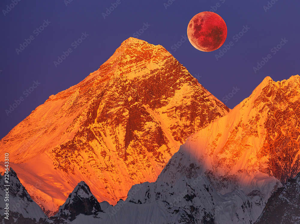 Majesty of nature: golden pyramid of Mount Everest (8,848 m) at sunset ...