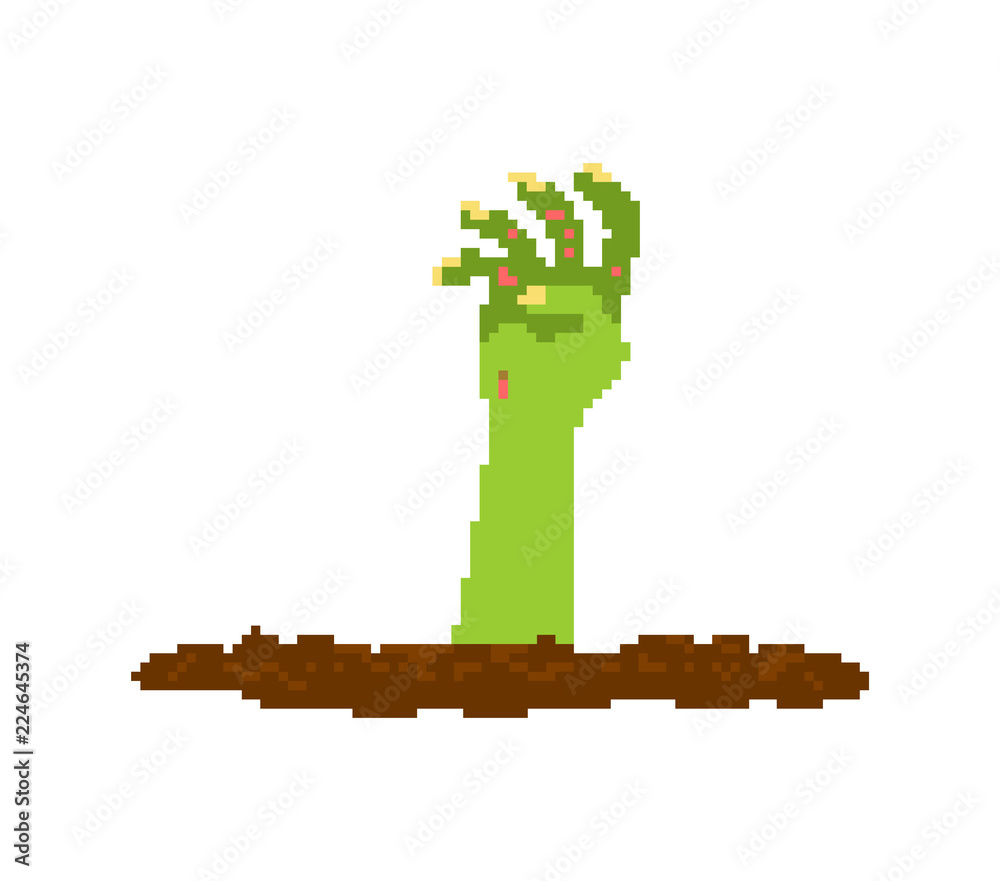 Zombie hand pixel art. Dead man from grave 8 bit. Halloween vector ...