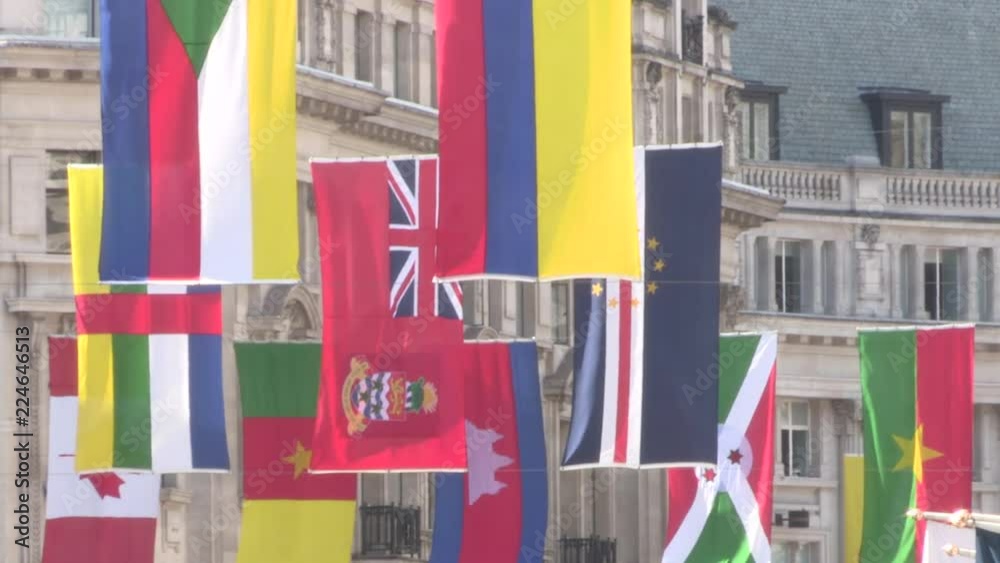 Flags of the world hanging down in the street Stock ビデオ | Adobe Stock