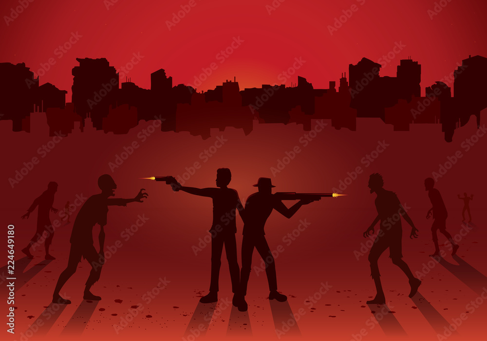 Silhouette of two man stand and fighting crowd zombie with handgun and ...