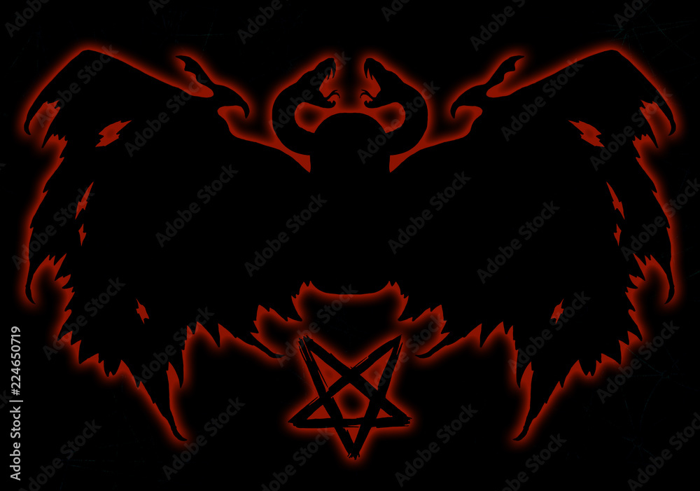 Red blurred silhouette with demon and pentagram on black. Esoteric ...