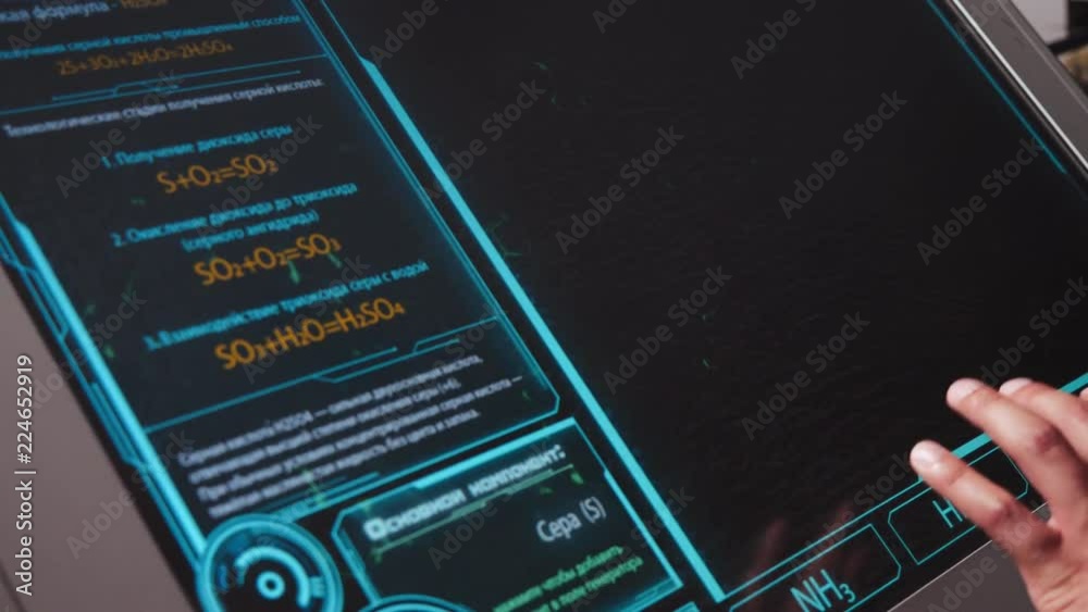 Male hand touch on computer screen chemical formulas and calculations ...