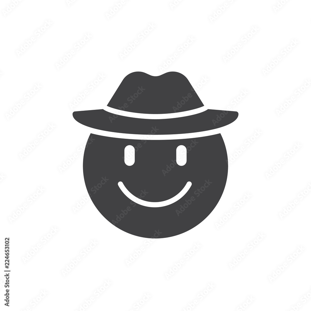 Smiling emoticon with cowboy hat vector icon. filled flat sign for ...