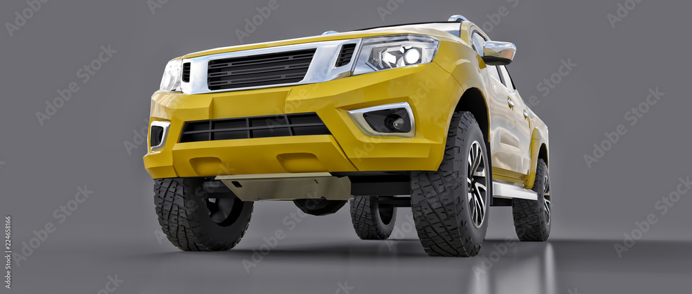 Yellow commercial vehicle delivery truck with a double cab. Machine ...