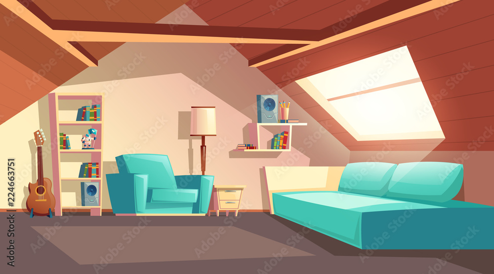 Vector cartoon background with empty garret room, modern loft apartment ...
