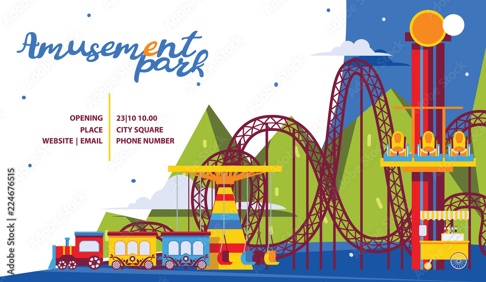 Amusement park poster template. Flat attractions and carousel for ...