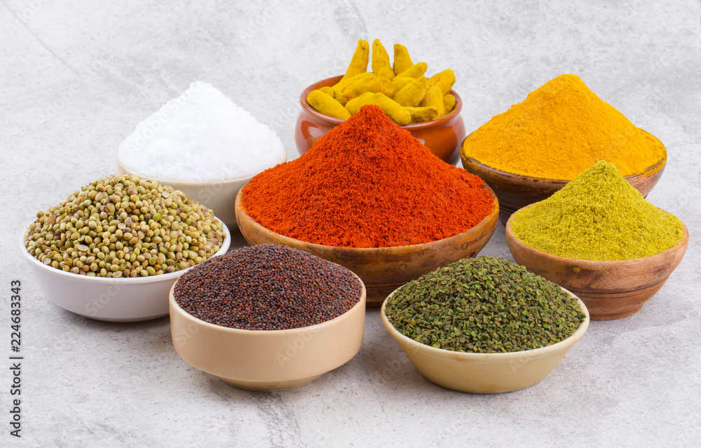 Indian Spices Collection Also Called Red Chili Powder, Turmeric Powder ...