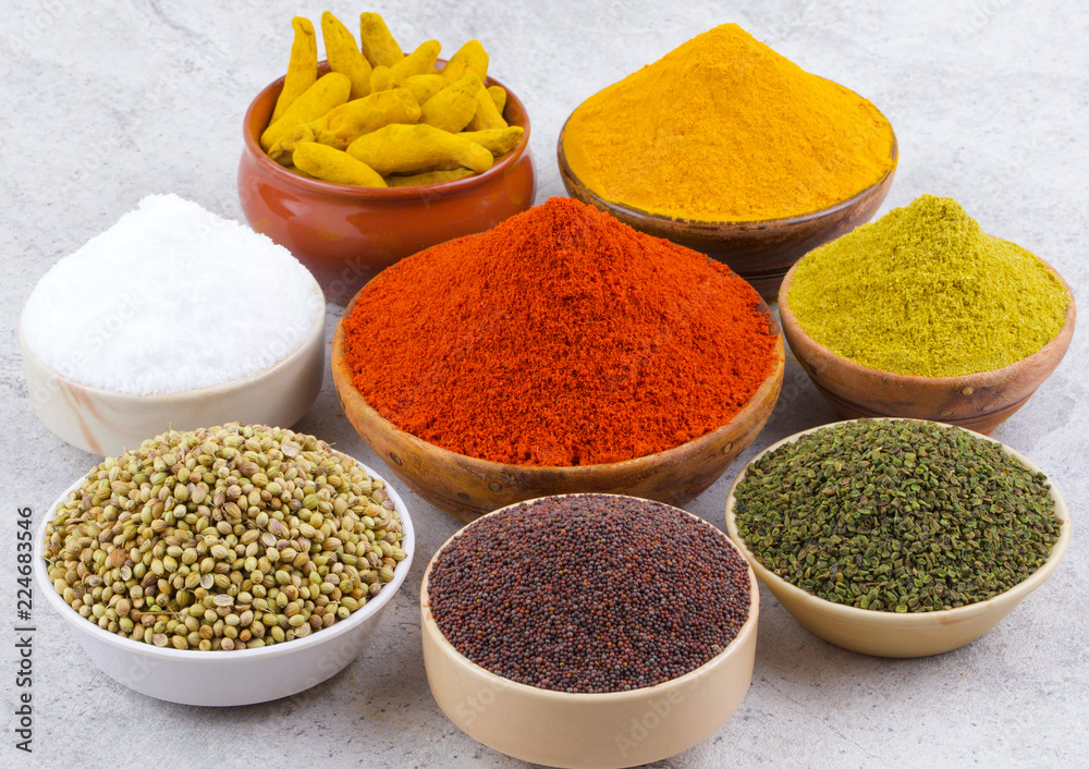 Indian Spices Collection Also Called Red Chili Powder, Turmeric Powder ...