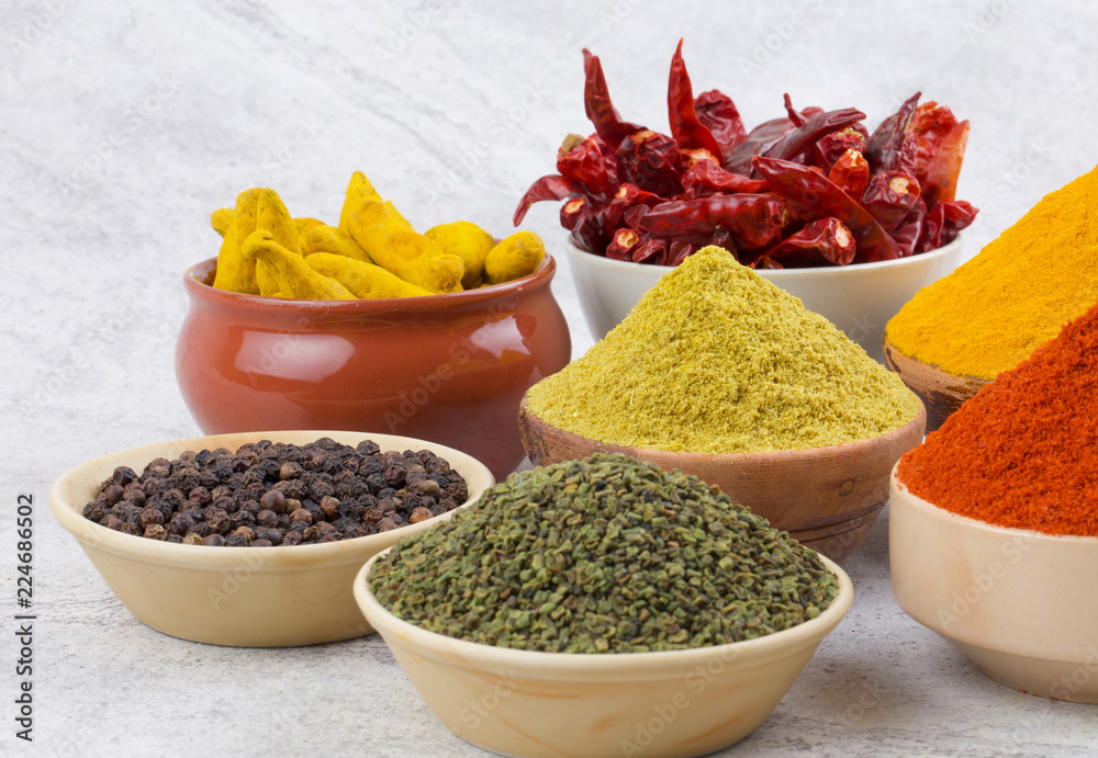 Indian Spices Collection Also Called Red Chili Powder, Turmeric Powder ...