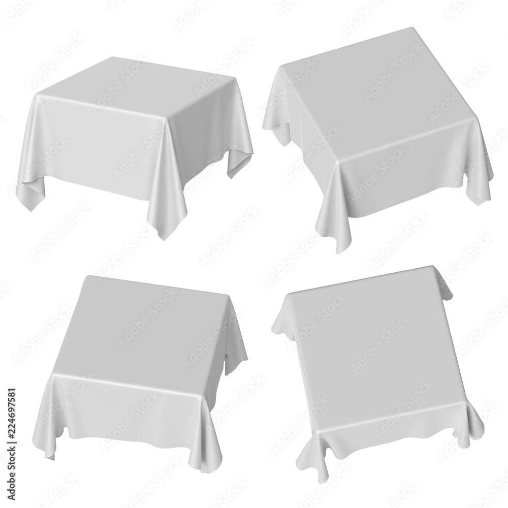 3d render, square table covered with white blank tablecloth, different perspective positions ...