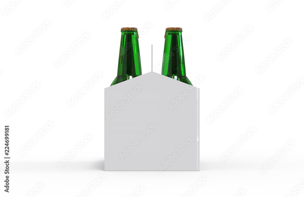 Six pack of beer bottles in cardboard box, mock up template on isolated ...