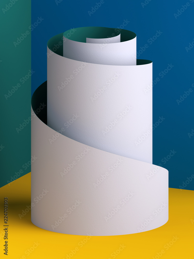 3d render, paper roll shape, blue yellow creative background, blank ...