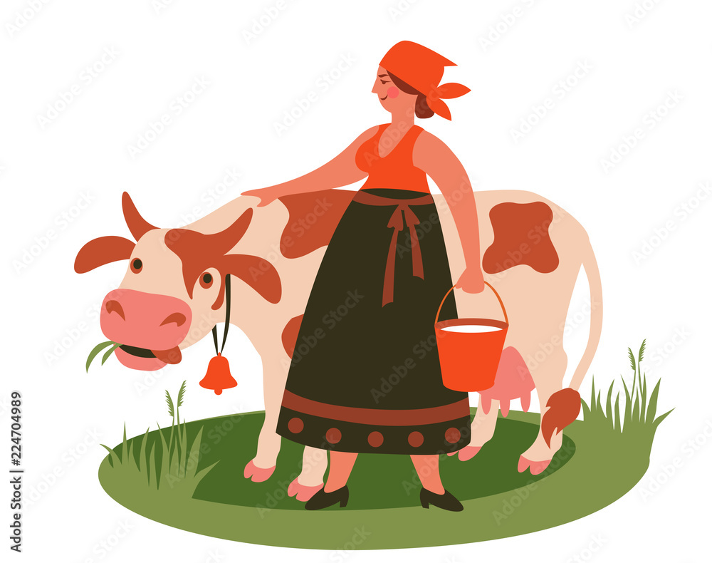 milkmaid with a bucket of milk pats a cow. vector illustration Stock ...