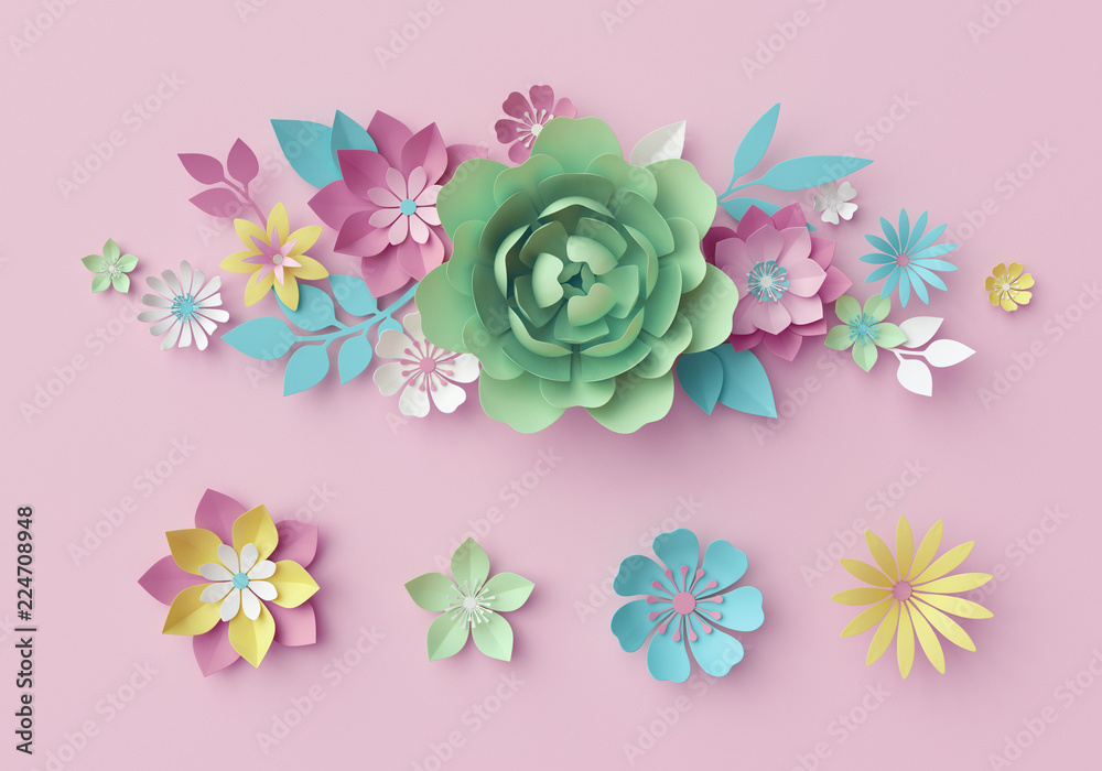 3d render, digital illustration, decorative paper flowers isolated on ...