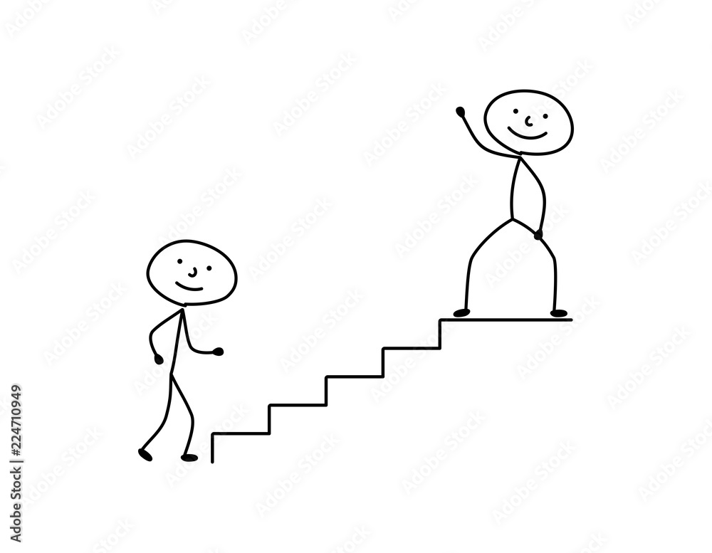man climbs the stairs, man stands at the top, drawing sketch, stick ...
