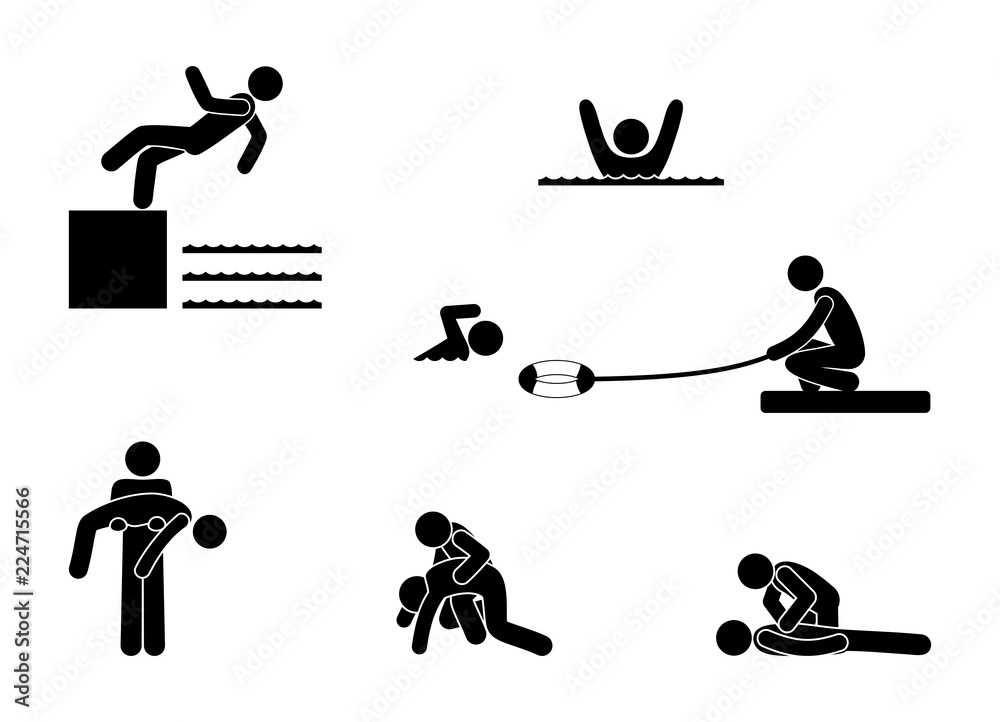 Vecteur Stock man saves a drowning man, stick figure pictogram swimming ...