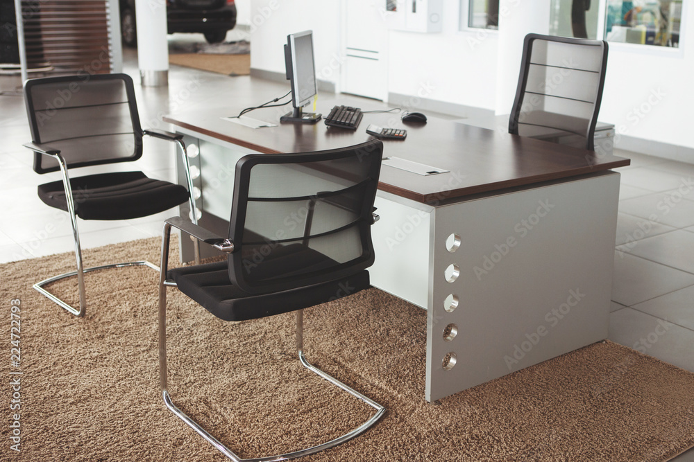 Modern office interior: a table, two chairs and a laptop. Stock Photo ...