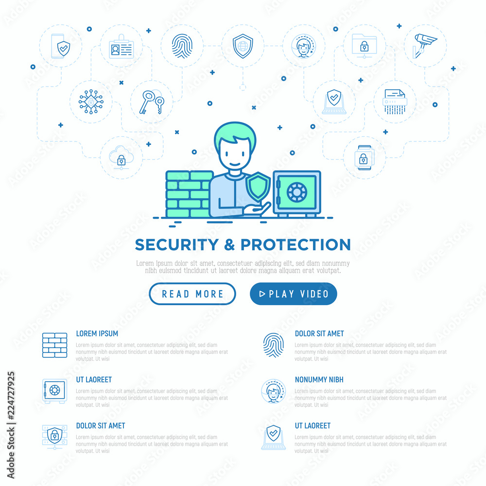 Security and protection concept with thin line icons: mobile security ...