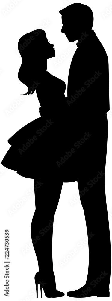 Loving couple man and woman hugging silhouette in full length on a ...
