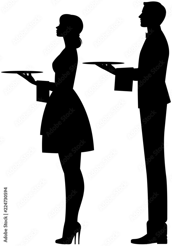 Silhouette of a waiter and a waitress on a white background in profile ...