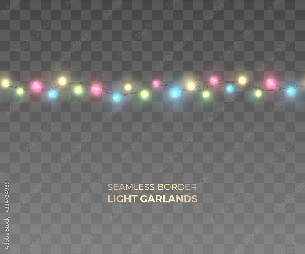 Vector seamless horizontal border of realistic light garland. Festive ...