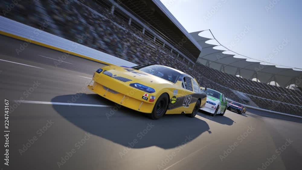 Nascar race. Camera slowly moves in showing cars fighting for the best ...