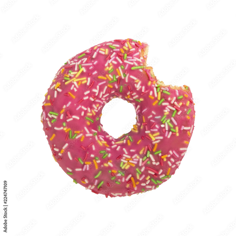 Bitten pink donut with colorful sprinkles isolated on white background ...