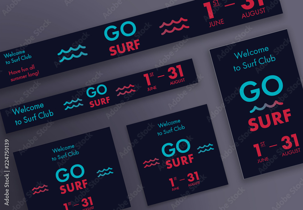 Web Banner Layouts with Surfboard and Wave Elements Stock Template ...