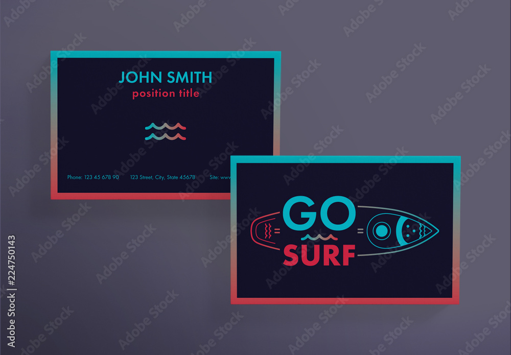Business Card Layout with Surfboard and Wave Elements Stock Template ...