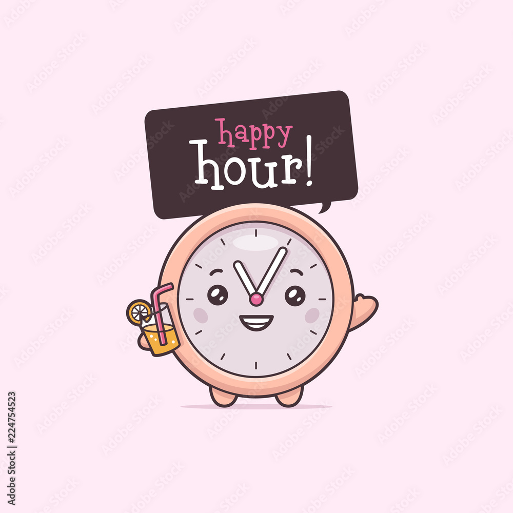 Cute clock cartoon character holding cocktail shouting happy hour ...
