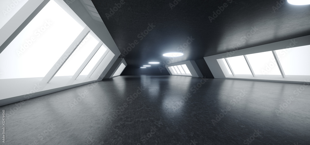 Futuristic Modern Big Dark Empty Hall With Reflections And Big Glowing ...