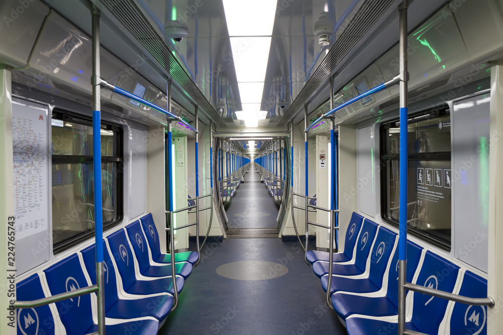 Moscow metro car, modern subway train metro car from inside with ...