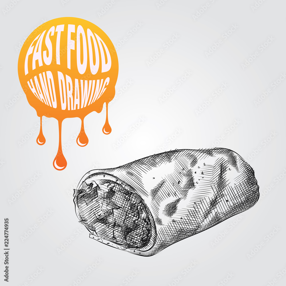 shawarma hand drawn sketch isolated on white background and yellow blob ...