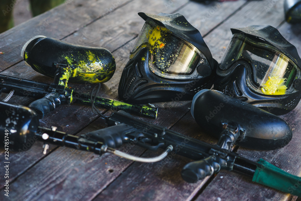 Special protective mask for playing paintball with traces and spot of ...