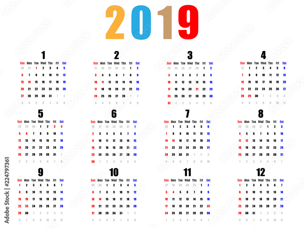 シンプル2019年間カレンダー Stock Vector | Adobe Stock