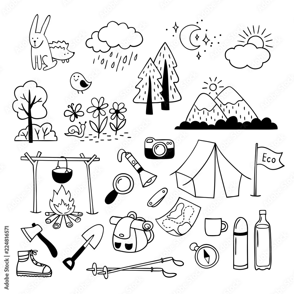 Set of hand drawn outdoor camping equipment icons, hiking, mountain ...