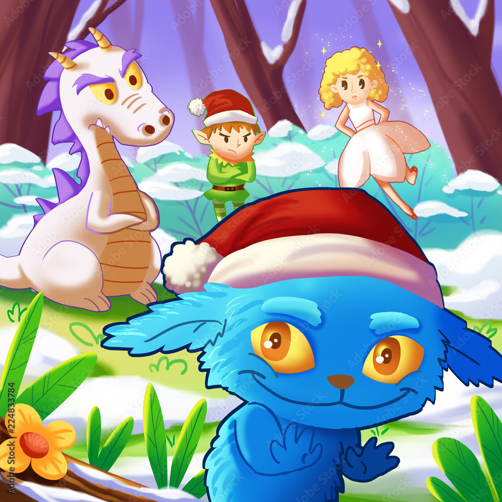 Christmas with Fantastic Characters, the Dragon, the IMP Boy, the Elf ...
