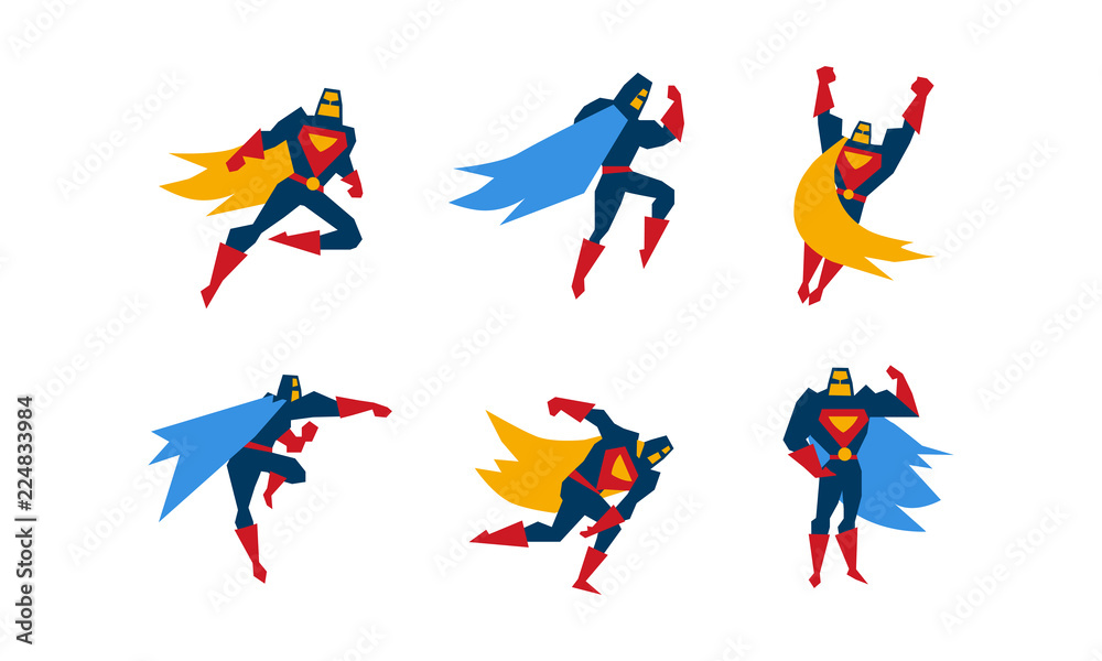 Collection of superheroes, superman character in different poses vector ...