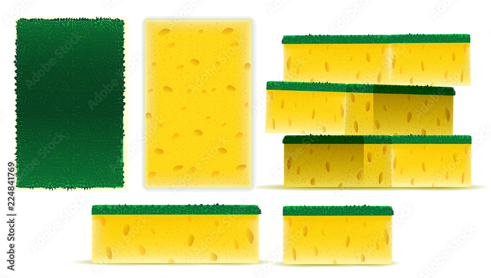 Scrub yellow sponge set design, dish washing tool in vector ...