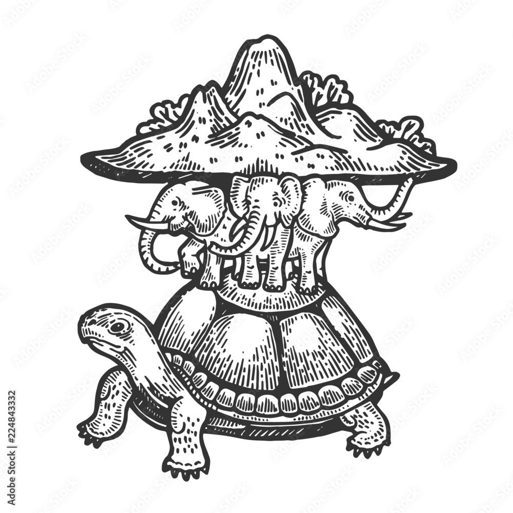 Ancient idea of flat Earth on turtle and elephants engraving vector ...