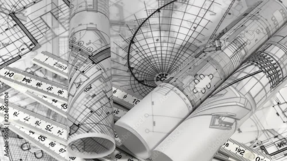 Blueprints - rolls of architectural drawings, notebook, loupe ...